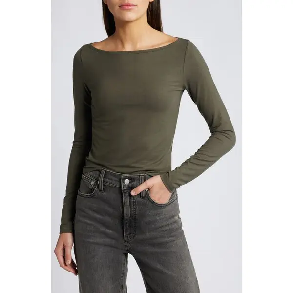 REFORMATION Wiley Ballet Neck Long Sleeve Top - Pine Tree