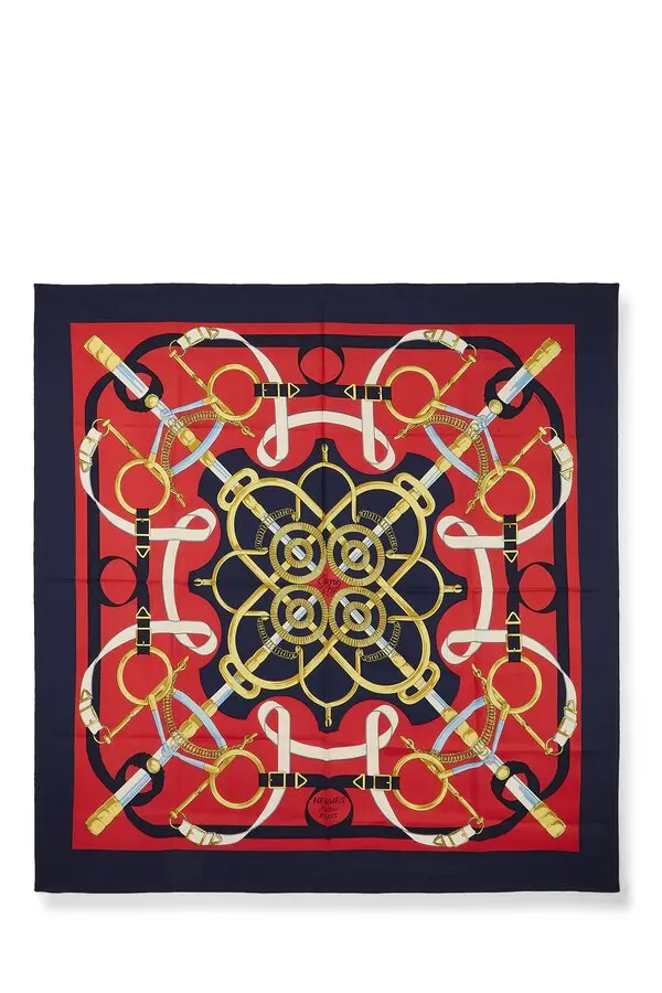 Hermès Multicolor 'eperon D'or' Silk Scarf 90 - Navy