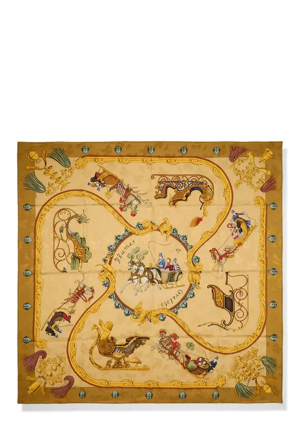 Hermès Multicolor 'plumes Et Grelots' Silk Scarf 90 - Yellow