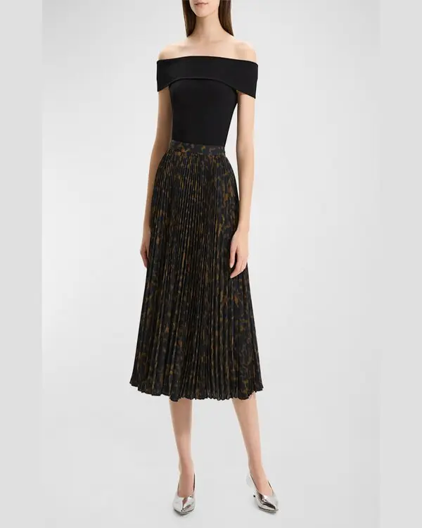 Theory Sunburst Pleated A-Line Midi Skirt Dk Br Mlt Editorialist