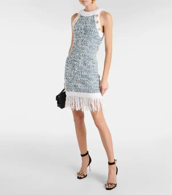 Balmain Fringed Tweed Minidress - Blue
