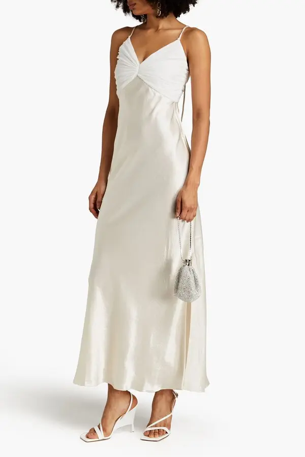 Frame Pleated Georgette-Paneled Satin Maxi Dress In Ecru - 80% Off