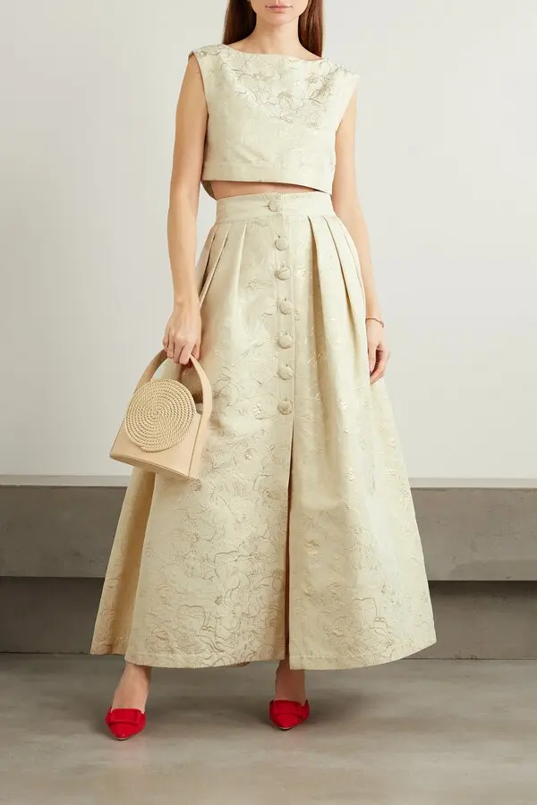 DESTREE Richard Cropped Floral Brocade Top - Ecru