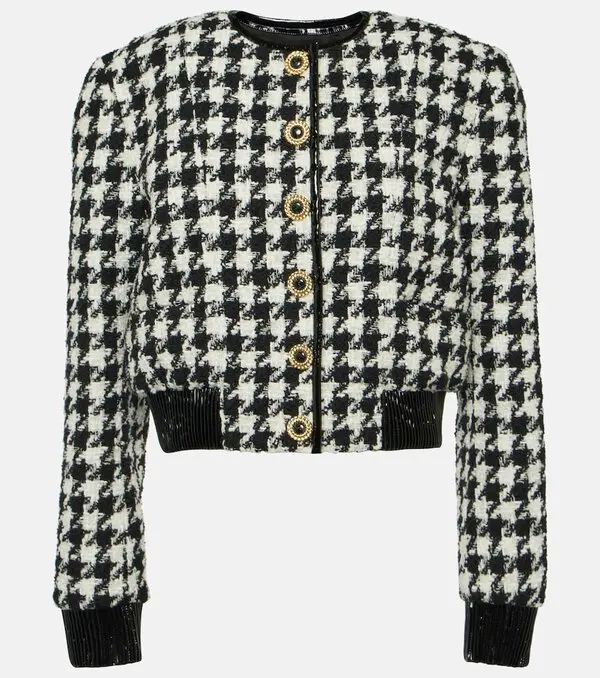Balmain Houndstooth Tweed Bomber Jacket - Black