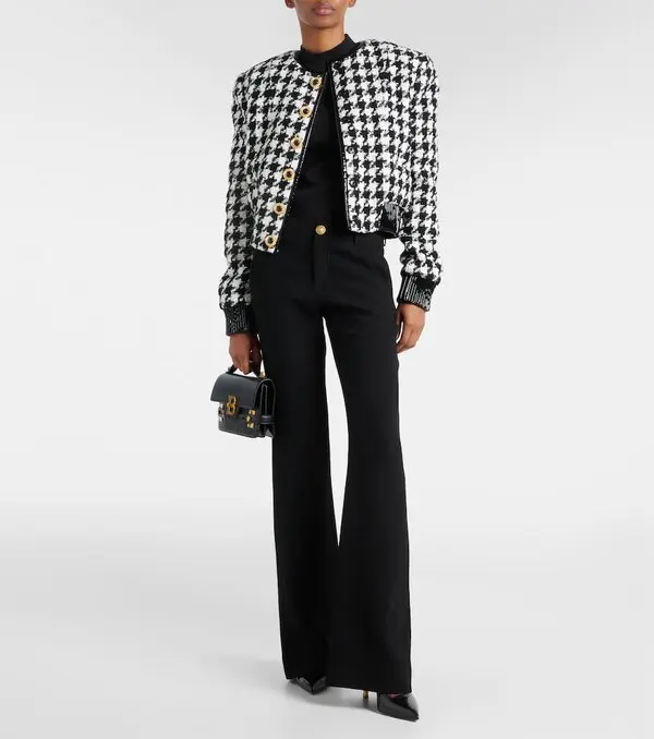 Balmain Houndstooth Tweed Bomber Jacket - Black
