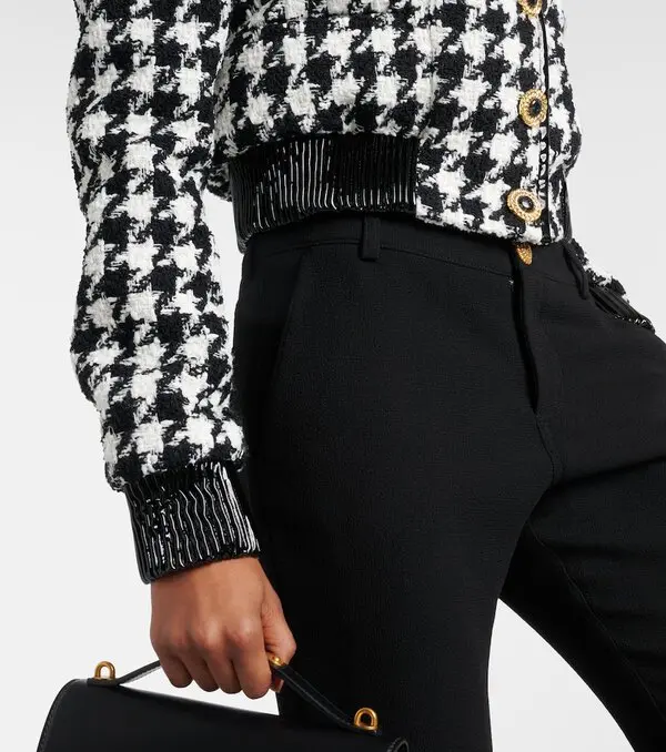Balmain Houndstooth Tweed Bomber Jacket - Black