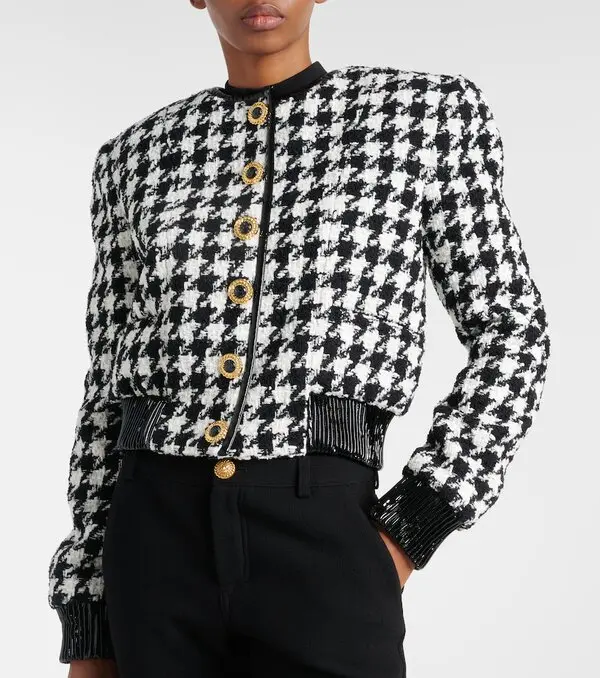 Balmain Houndstooth Tweed Bomber Jacket - Black