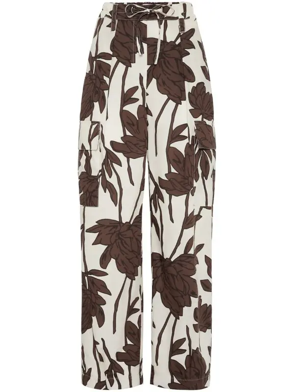 Brunello Cucinelli Floral Print Cotton Trousers - White