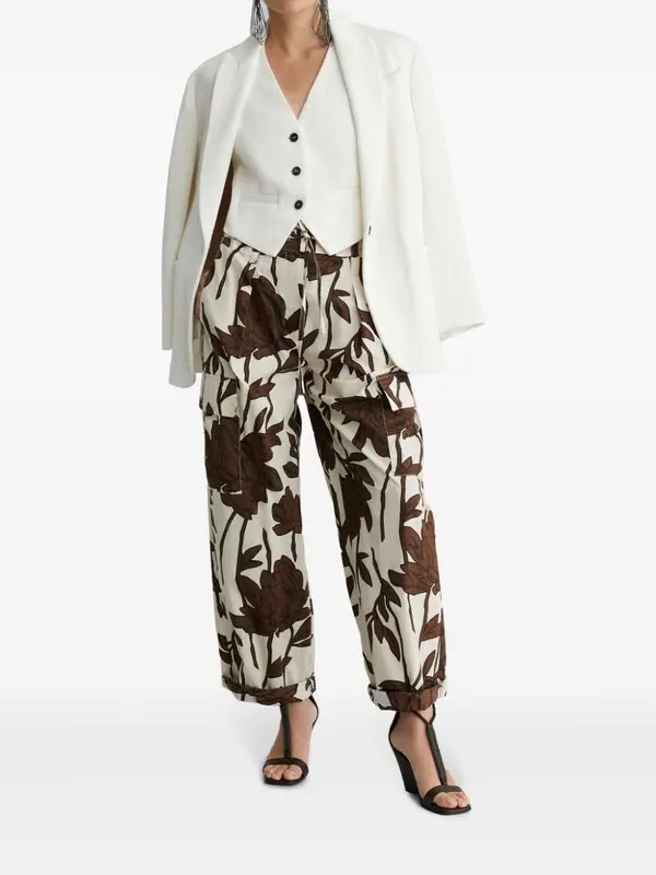 Brunello Cucinelli Floral Print Cotton Trousers - White