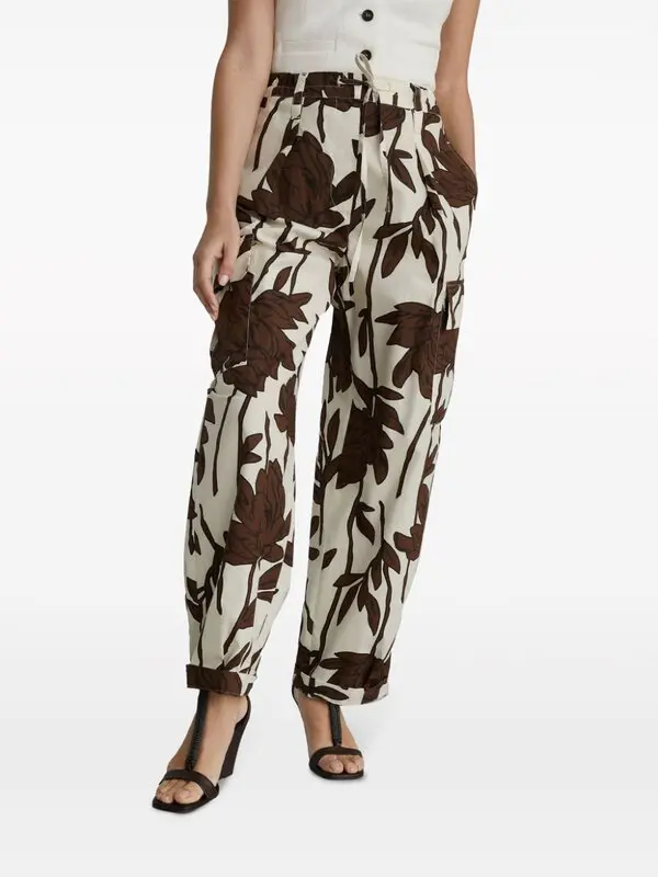 Brunello Cucinelli Floral Print Cotton Trousers - White