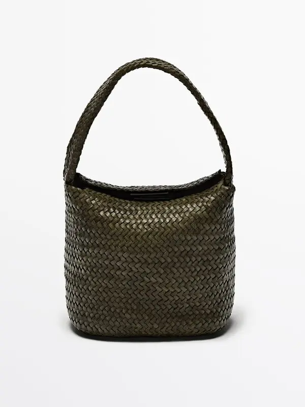 Massimo Dutti Woven Nappa Leather Bucket Bag Khaki Editorialist - Main Image