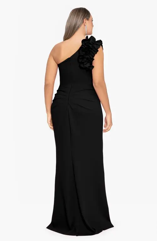 XSCAPE EVENINGS Ruffle Detail One-shoulder Sheath Gown