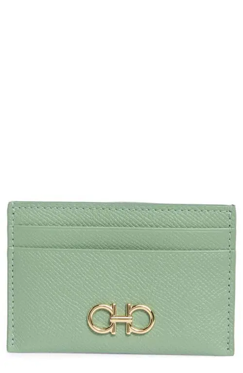 FERRAGAMO Gancini Leather Card Case - Seagrass/lucky Charme
