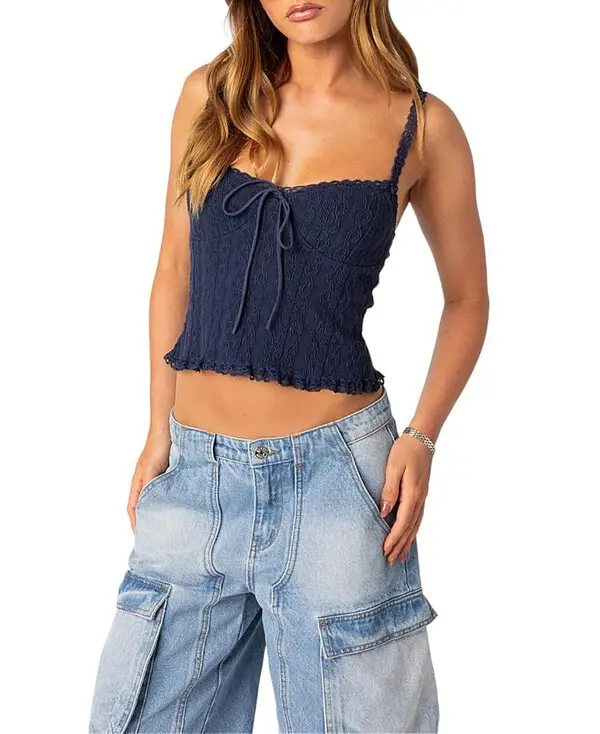 EDIKTED Lacey Knit Tank Top - Navy