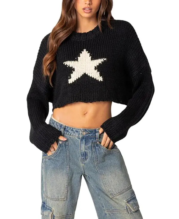 EDIKTED Mega Star Cropped Sweater - Black