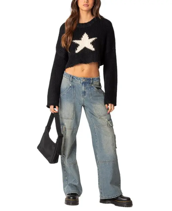 EDIKTED Mega Star Cropped Sweater - Black