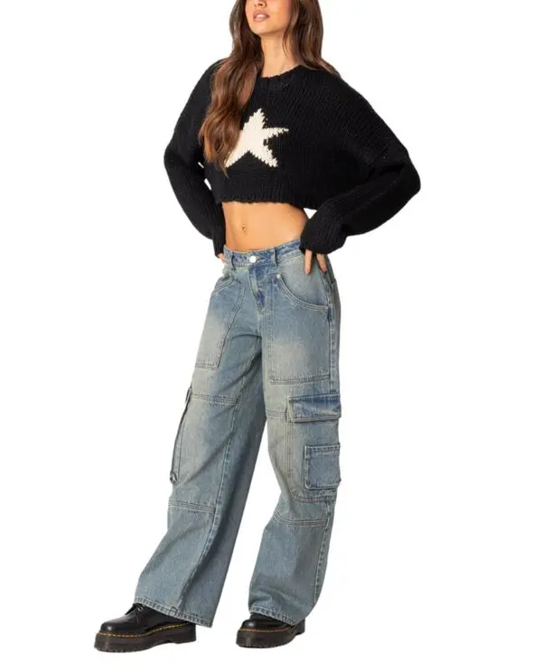 EDIKTED Mega Star Cropped Sweater - Black