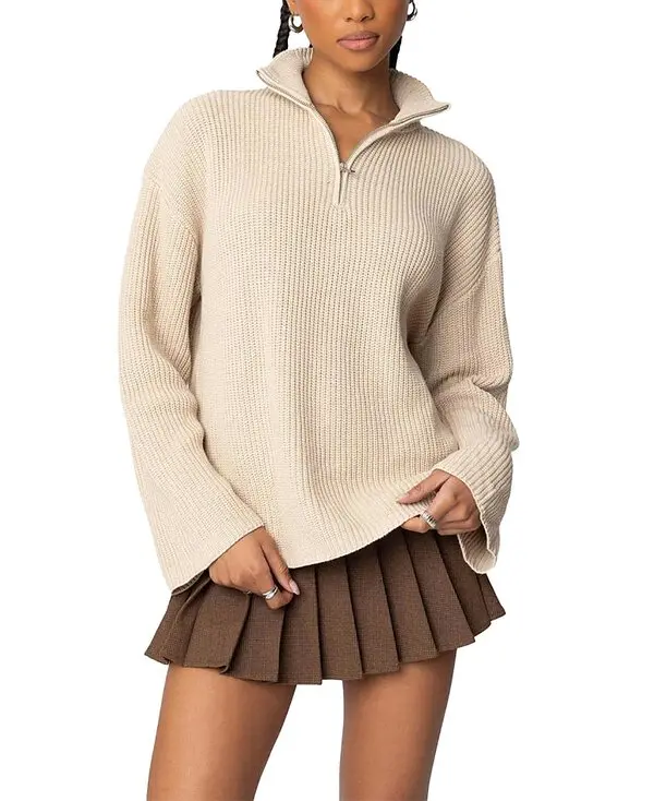 EDIKTED Amour High Neck Oversized Zip Sweater - Beige