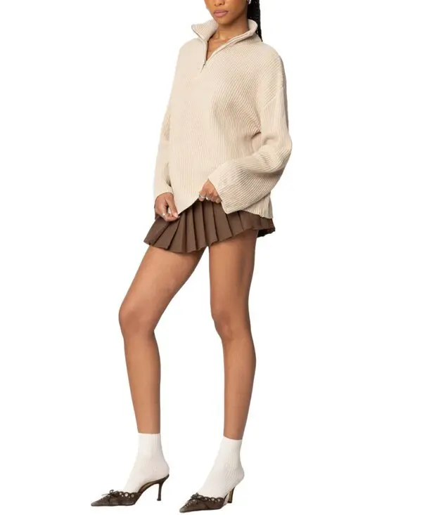 EDIKTED Amour High Neck Oversized Zip Sweater - Beige