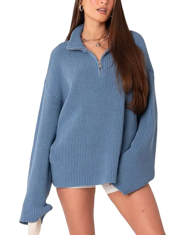 EDIKTED Amour High Neck Oversized Zip Sweater - Blue