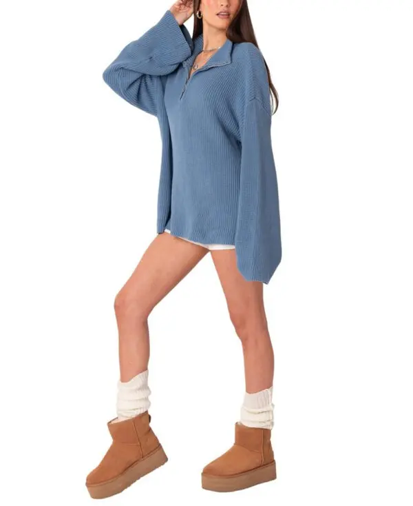 EDIKTED Amour High Neck Oversized Zip Sweater - Blue