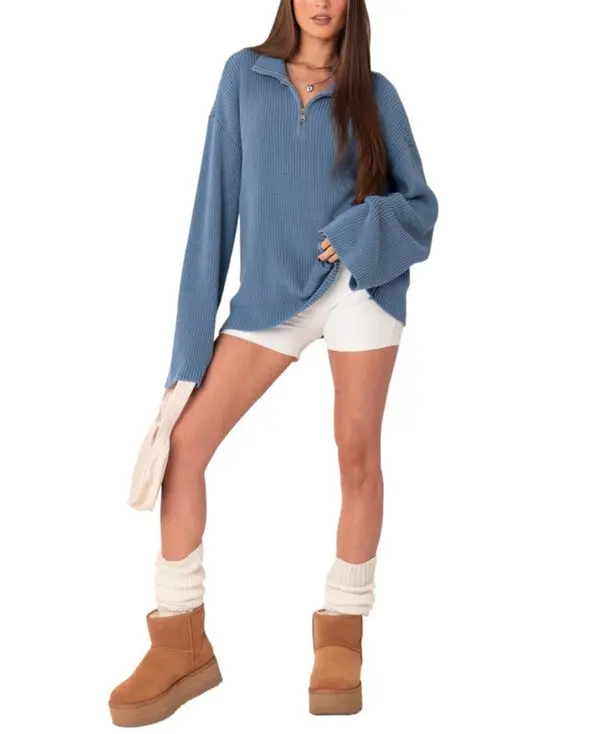 EDIKTED Amour High Neck Oversized Zip Sweater - Blue