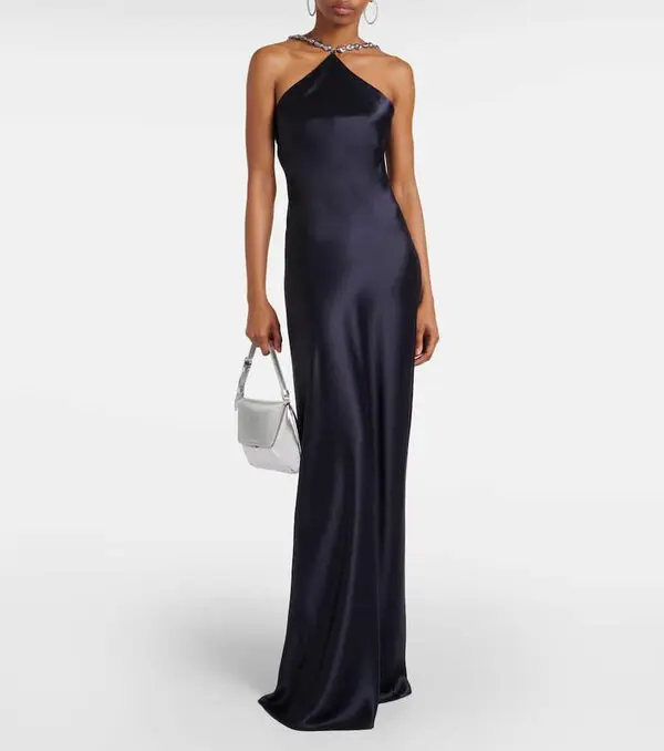 Staud Cadence Halterneck Satin Slip Maxi Dress - Blue