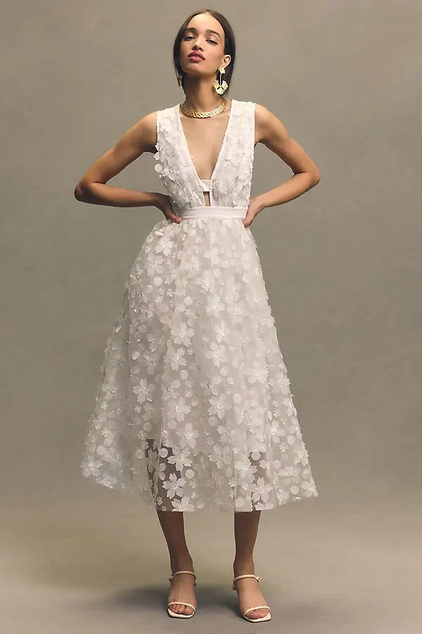 bhldn stevie sleeveless v-neck floral appliqué a-line midi dress Bhldn Stevie Sleeveless V-Neck Floral Appliqué A-Le Midi Dress In White -  46% Off