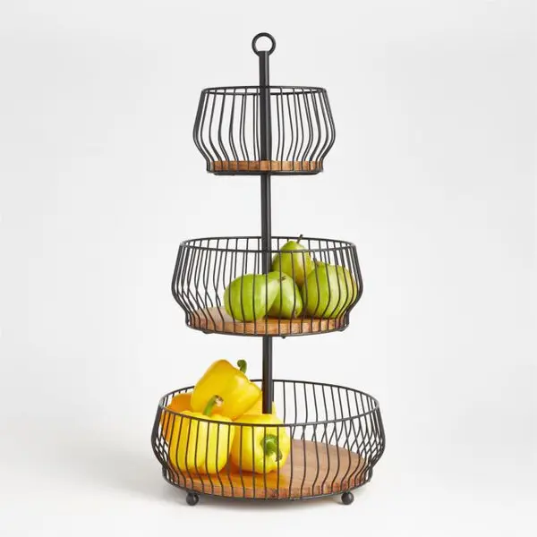 Crate & Barrel Cora Acacia Wood Black 3-tier Fruit Basket