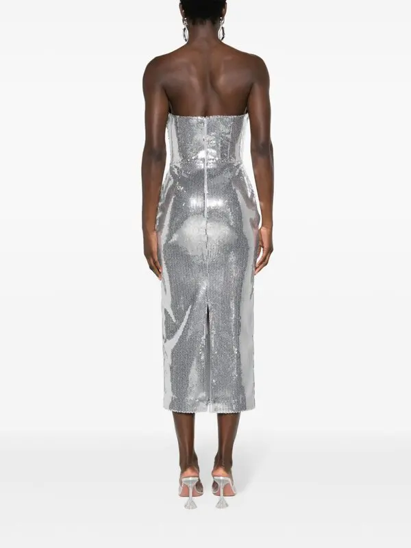 alex perry silver dress ALEX PERRY Draped Strapless Sequin Midi Dress