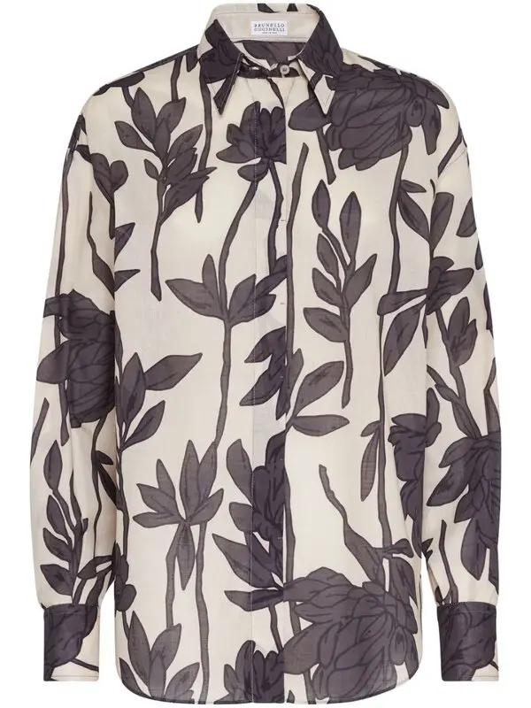 Brunello Cucinelli Floral-print Cotton Shirt - Grey