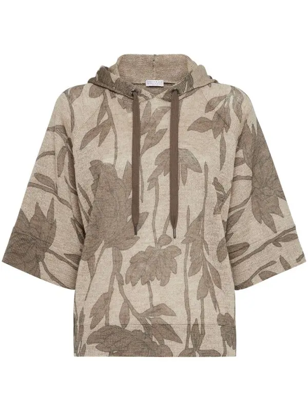 Brunello Cucinelli Floral-jacquard Hooded Top - Neutrals
