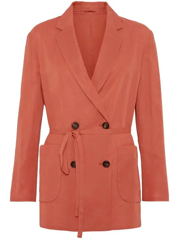 Brunello Cucinelli Double-breasted Cotton Belted Blazer - Orange