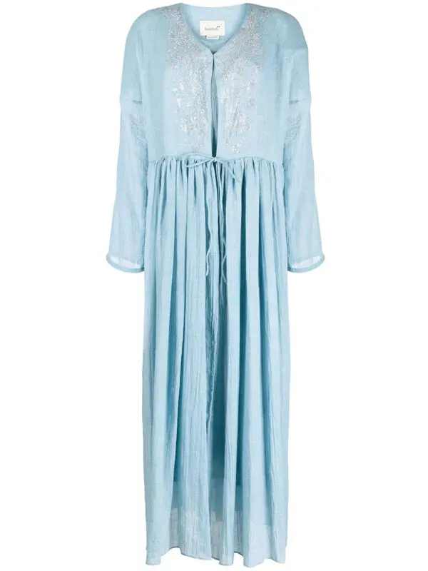 BAMBAH Embroidered Pleated Kaftan Dress - Blue