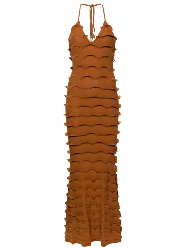 Blumarine Ruffled Knitted Maxi Dress In Brown - 41% Off | Editorialist
