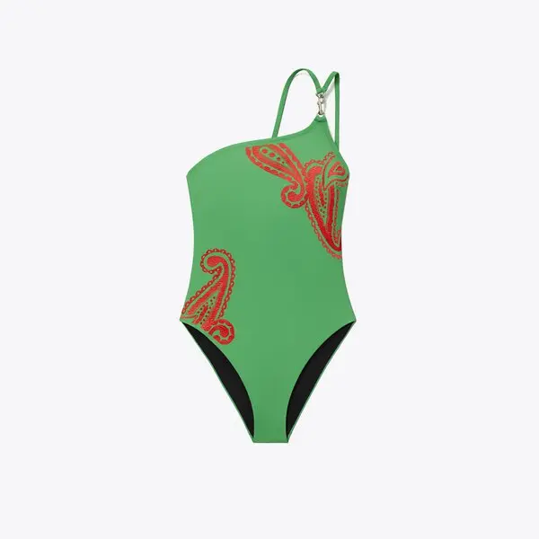 Tory Burch One-shoulder Clip Swimsuit - Spring Jade Paisley