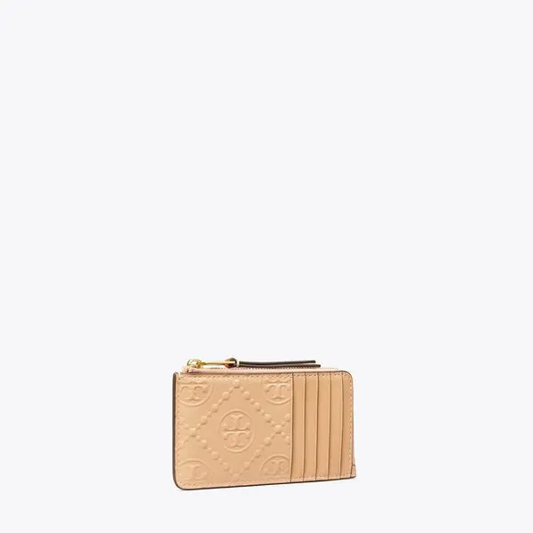 Tory Burch T Monogram Patent Embossed Zip Card Case - Light Peach
