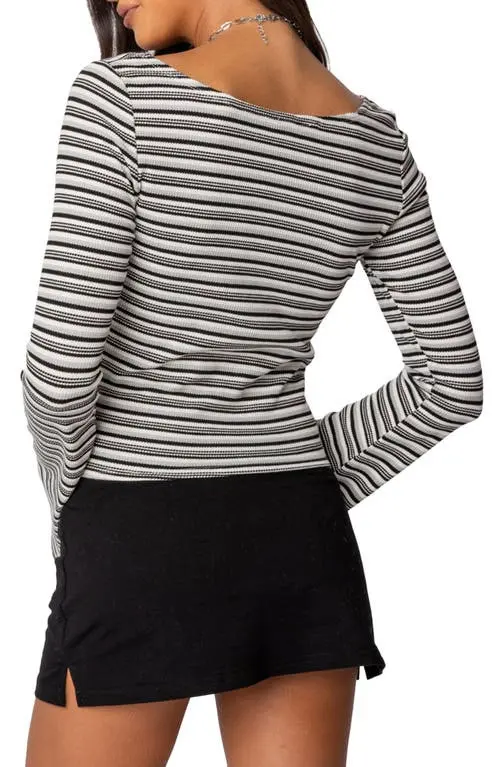 EDIKTED Lilia Stripe Flare Sleeve Cropped Top