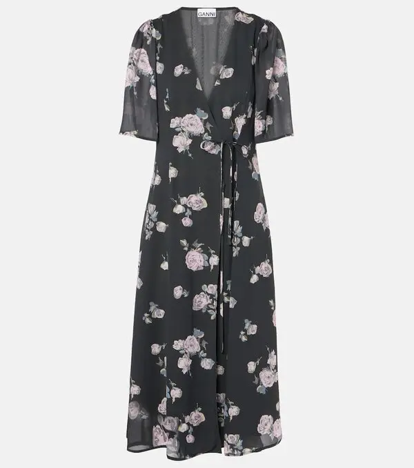 GANNI Floral Crepe Wrap Dress - Black