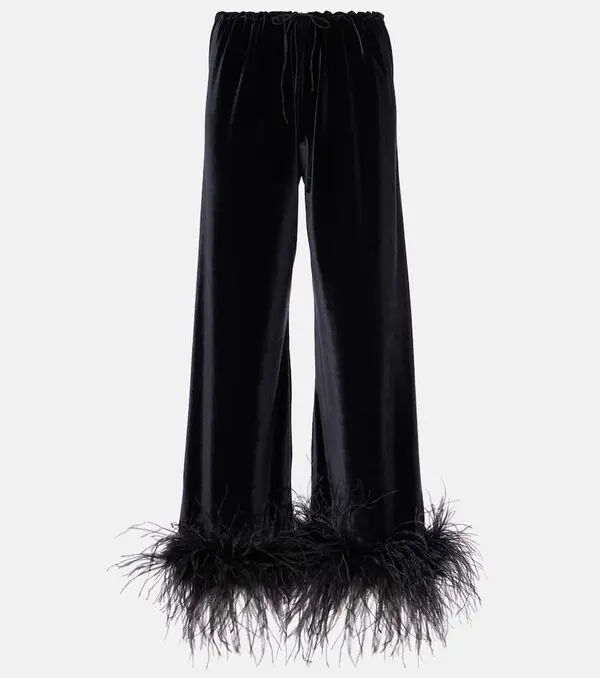 Oseree Feather-trimmed Velvet Wide-leg Pants - Black