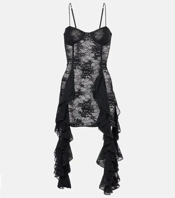Oseree Ruffled Lace Minidress - Black