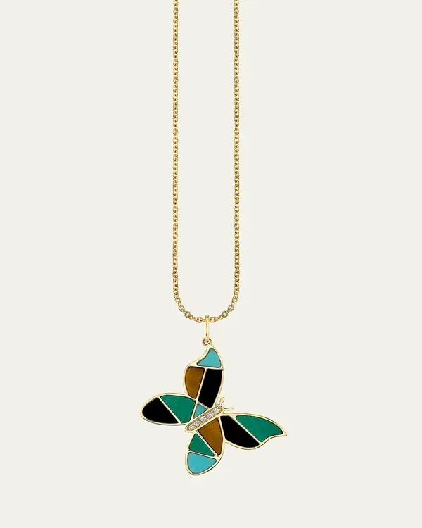 SYDNEY EVAN Mosaic Gemstone And Diamond Butterfly Pendant Necklace - Multicolor
