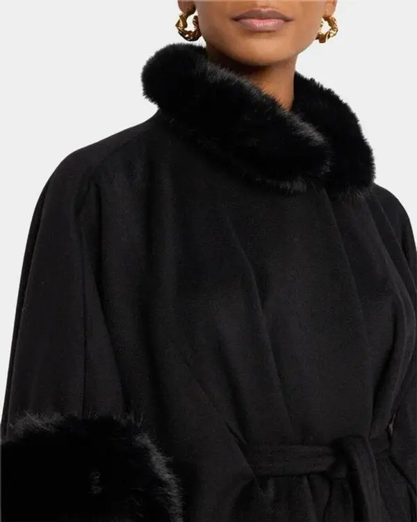 Sofia Cashmere Shawl With Faux Fur Trim - Blk