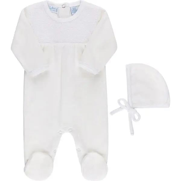FELTMAN BROTHERS Smocked Yoke Cotton Velour Footie & Hat Set - Ivory