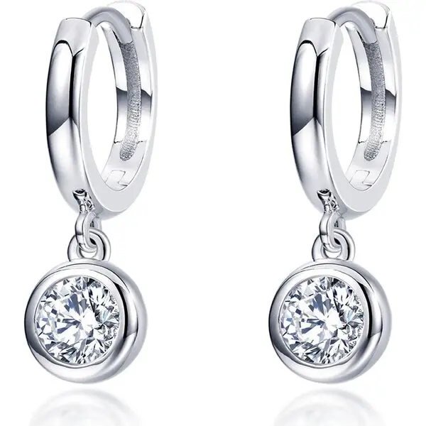 Lafonn Simulated Diamond Bezel Drop Sterling Silver Huggie Hoop Earrings - White/ Silver