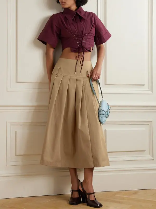 TOLU COKER Pleated Denim Midi Skirt