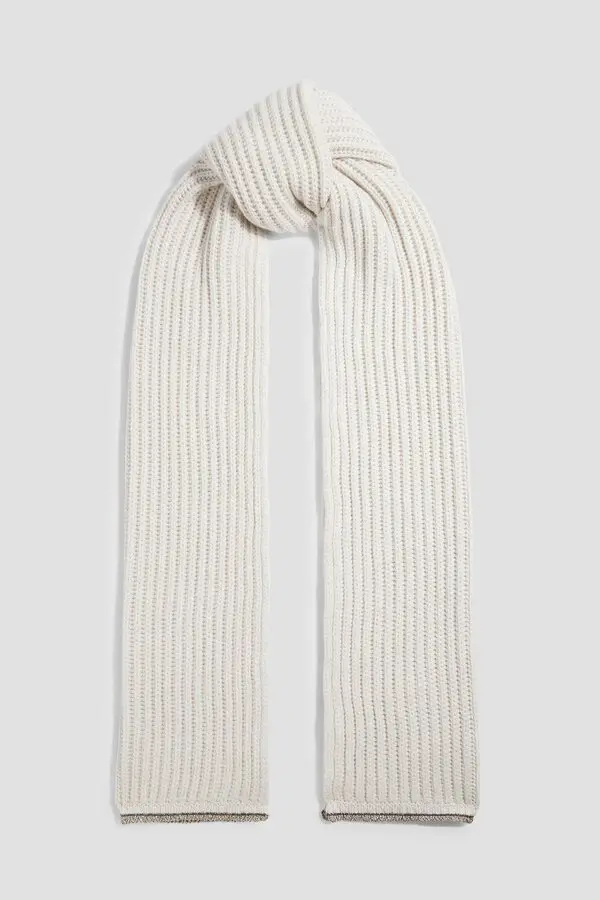 Brunello Cucinelli Beadembellished Ribbed Cashmere Scarf - Off-white
