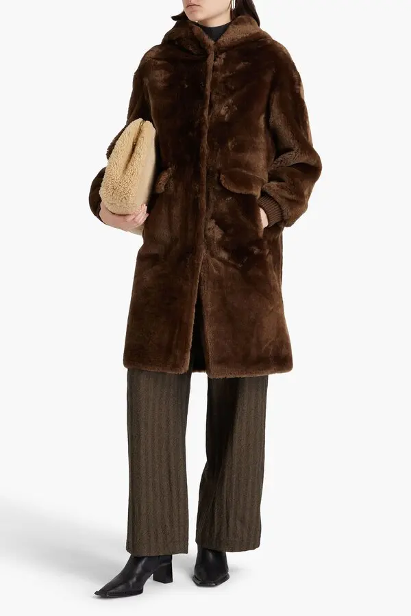 YVES SALOMON Shearling Hooded Coat - Brown