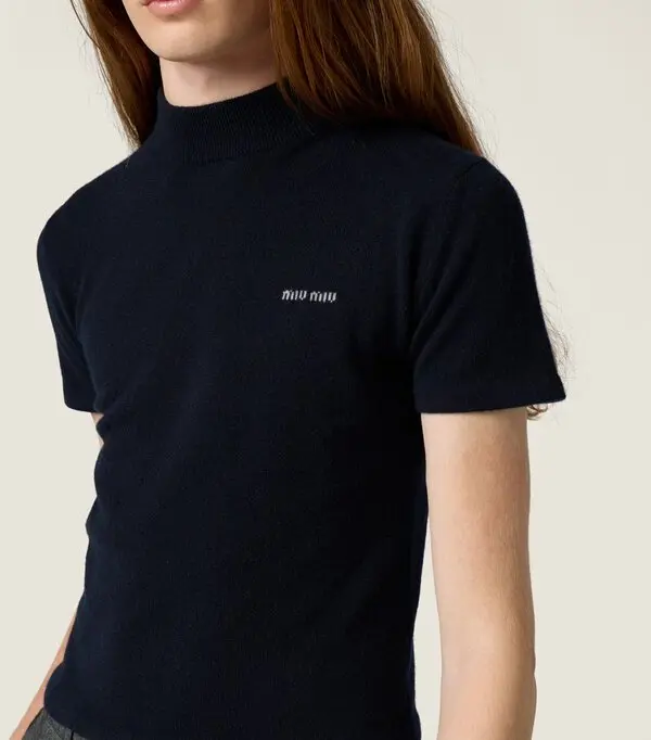 Miu Miu Ribbed Cashmere High Neck Short Sleeve Sweater