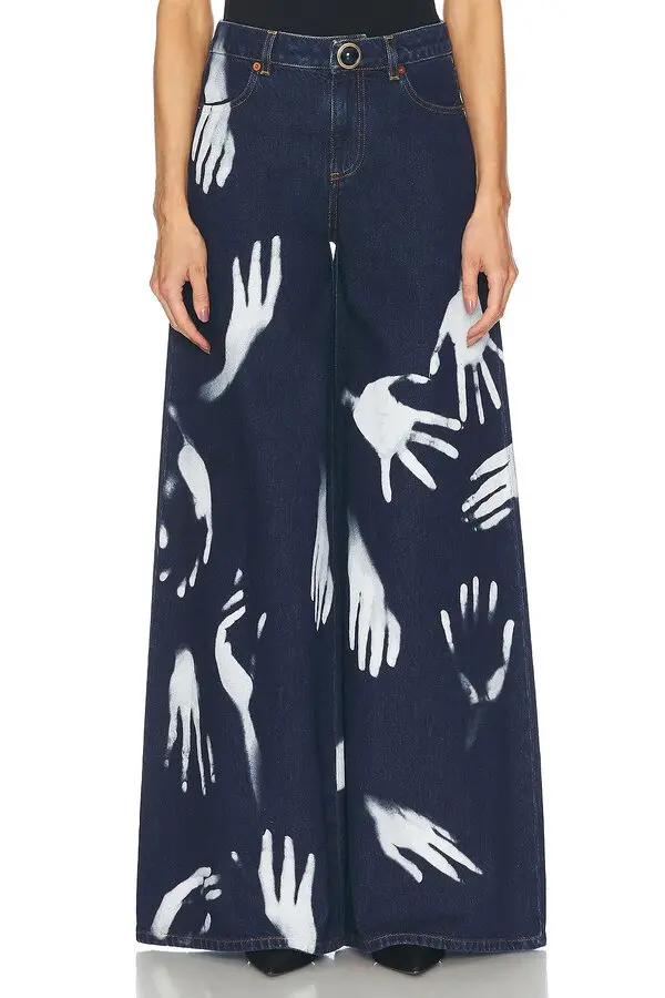 AREA Handprint Wide Leg Jeans - Dark Blue